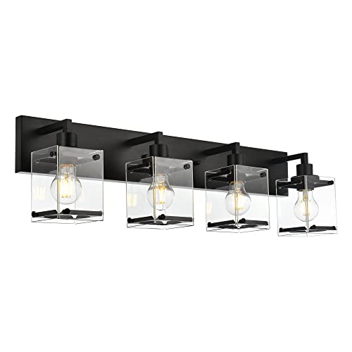 MELUCEE 4-Light Vanity Lights for Bathroom, Industrial Indoor Wall Sconces Black Bathroom Lighting with Rectangular Clear Glass Shade for Kitchen Hallway Living Room, 31.3 Inches Length