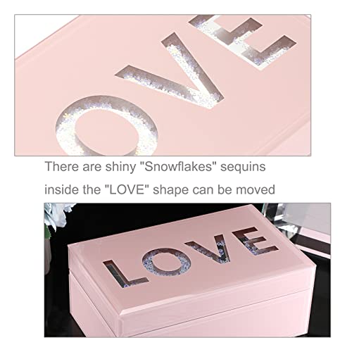 Hipiwe Glass Jewelry Box Trinket Organizer with Hollowed-out LOVE and Sequin Decor,Pink Jewelry Display Box Home Decorative Box Keepsake Gift Box for Women Girls