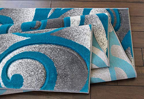 Masada Rugs, Grey White Turquoise Modern Woven Area Rug, Hand Carved (8 Feet X 10 Feet, Turquoise)