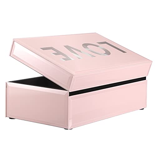 Hipiwe Glass Jewelry Box Trinket Organizer with Hollowed-out LOVE and Sequin Decor,Pink Jewelry Display Box Home Decorative Box Keepsake Gift Box for Women Girls