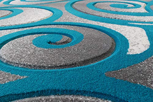Masada Rugs, Grey White Turquoise Modern Woven Area Rug, Hand Carved (8 Feet X 10 Feet, Turquoise)