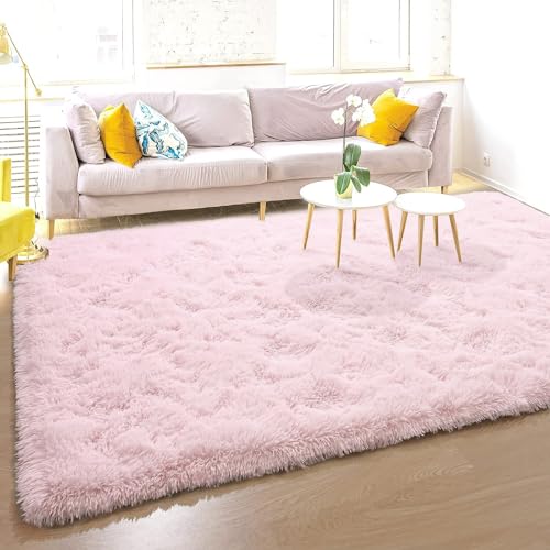 Unirea Soft Shag Area Rug for Bedroom Living Room, 4x6 Pink Fluffy Rugs Plush Carpet, Thick Long Fur Fuzzy Rug for Indoor Kids Nursery Girls Room Classroom Home Decor Floor Aesthetic
