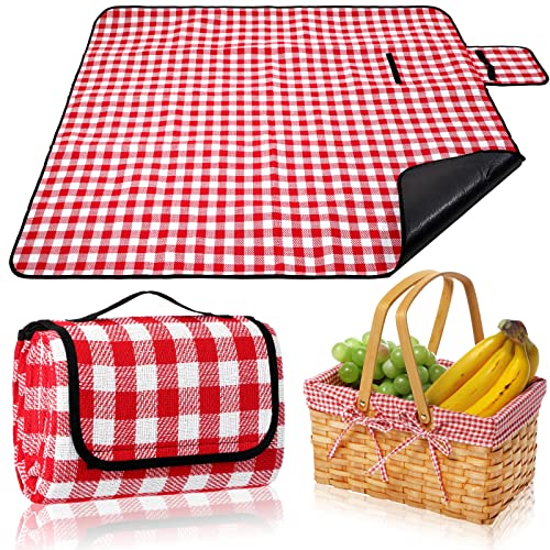 Picnic Basket Natural Woven Woodchip Basket with Double Folding Handles, Picnic Blanket Easter Basket for Easter Egg Candy Halloween Christmas Kids Toy Storage (Red and White Grid)