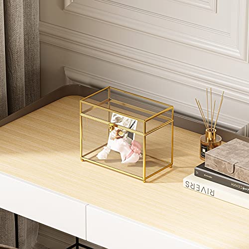 Smart Wyche Large Glass Box Wedding Card Box with Lock for Cosmetic Jewelry Sculpture DIY Mini Garden, Sturdy, 10 L x 5.71 W x 7.88 H" - Gold