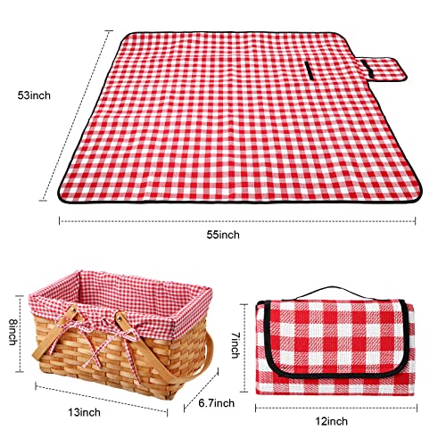 Picnic Basket Natural Woven Woodchip Basket with Double Folding Handles, Picnic Blanket Easter Basket for Easter Egg Candy Halloween Christmas Kids Toy Storage (Red and White Grid)