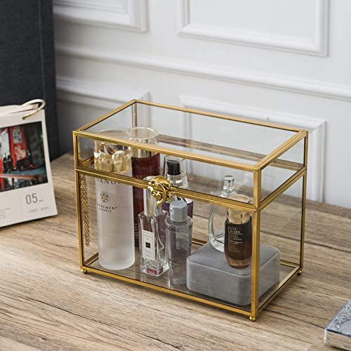 Smart Wyche Large Glass Box Wedding Card Box with Lock for Cosmetic Jewelry Sculpture DIY Mini Garden, Sturdy, 10 L x 5.71 W x 7.88 H" - Gold