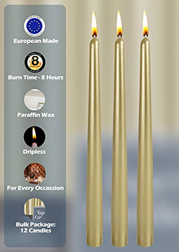 Hyoola Tall Metallic Cream Gold Taper Candles - 10 Inch - Dripless - 12 Pack - 8 Hour Burn Time