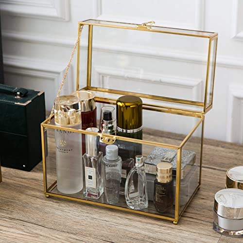 Smart Wyche Large Glass Box Wedding Card Box with Lock for Cosmetic Jewelry Sculpture DIY Mini Garden, Sturdy, 10 L x 5.71 W x 7.88 H" - Gold