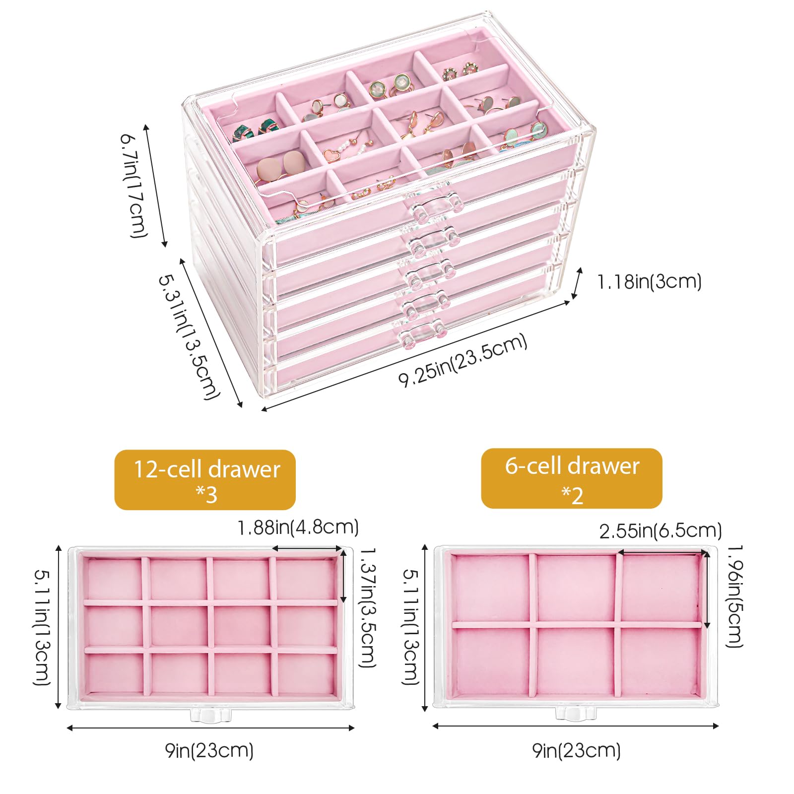 ProCase Earring Holder Organizer Jewelry Box with 5 Drawers, Acrylic Clear Earring Case with Adjustable Velvet Trays for Women - Pink, 5 Layers