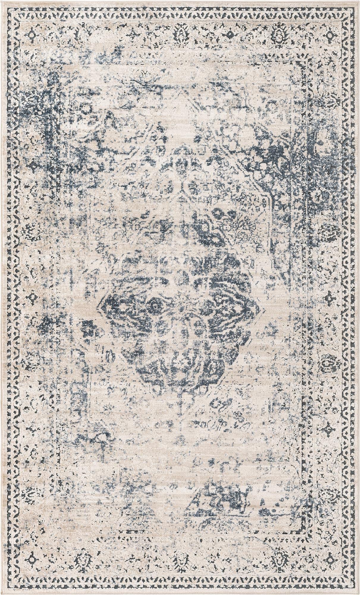 Unique Loom Chateau Collection High-Low Pile, Vintage, Traditional, Distressed, Medallion Area Rug (5' 0 x 8' 0 Rectangular, Beige/Navy Blue)
