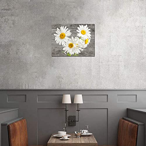 TAOMI White Daisy Flowers Picture Bedroom Bathroom Wall Art Yellow Daisy Flower Wood Grain Canvas Print 12x16 Rustic Farmhouse Floral Artwork for Living Room Office Home Decor Ready to Hang