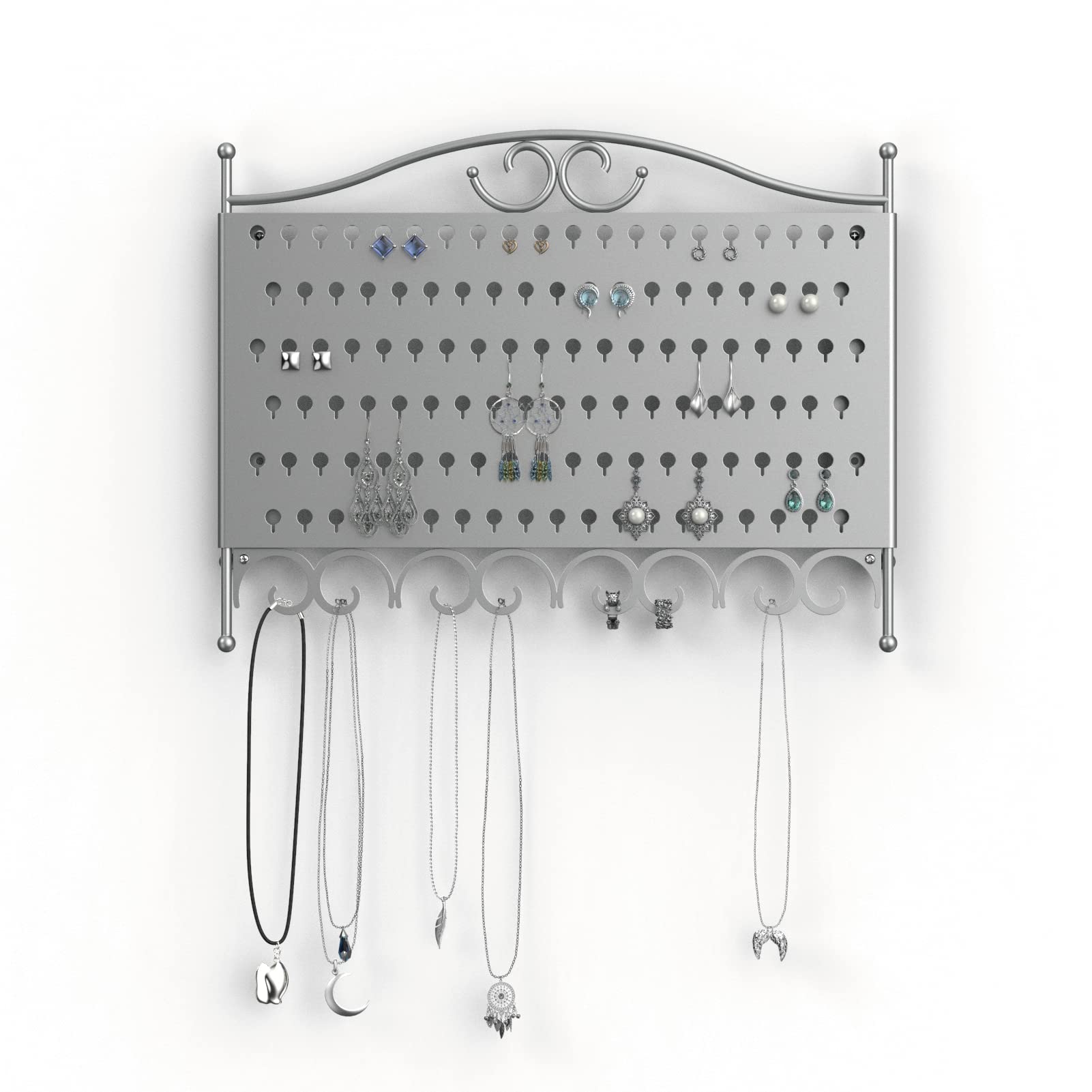 Mango Steam Wall Mounted Closet/Wardrobe Display Hanger Organizer for Jewelry & Earrings With Hooks for Necklaces, Bracelets, Accessories - Silver