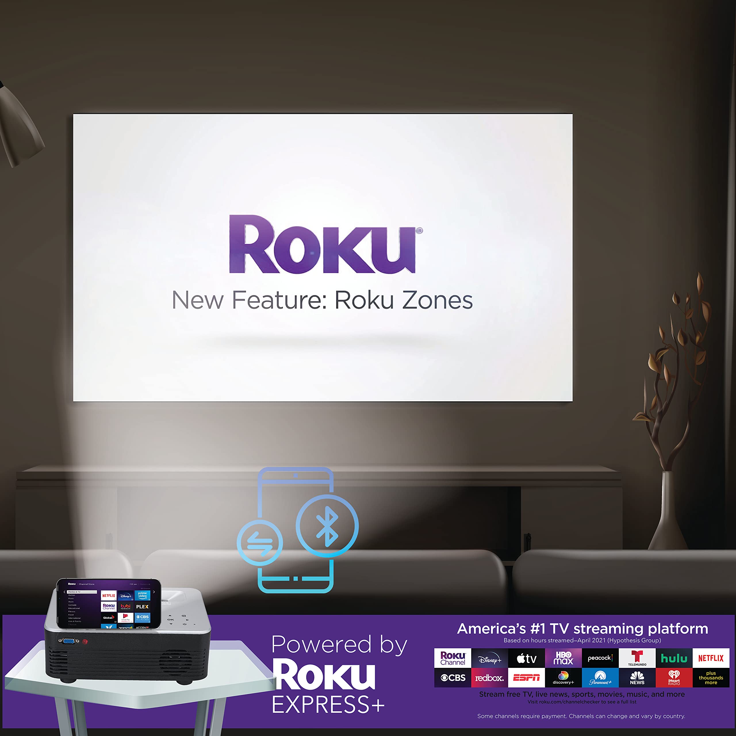 RCA Roku Smart Home Theater Projector - Stream Netflix, Prime Video, Hulu, Disney+, Apple TV+ and More - Portable Projector Compatible with TV, PC, HDMI, USB, VGA - Living Room/Backyard Projector