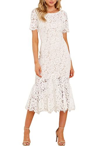 MERMAID'S CLOSET Womens White Floral Lace Midi Bodycon Cocktail Dress Elegant Wedding Guest Party Long Mermaid Dress