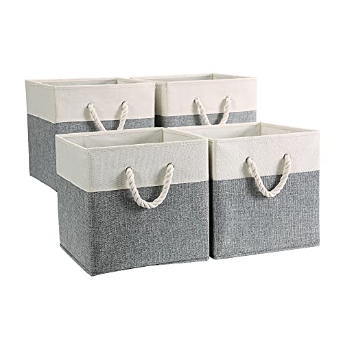 Onlycube Foldable Fabric Storage Bins 13x13x13 inch for Cube Organizer with Cotton Rope Handles, Collapsible Basket Box Organizer for Shelves and Closet, Beige/Grey, 4Pack