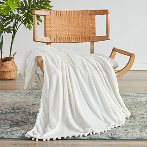 BEAUTEX Fleece Throw Blanket with Pompom Fringe, White Flannel Blankets and Throws for Couch, Super Soft Cozy Lightweight Plush Throw Blanket (50" x 60")