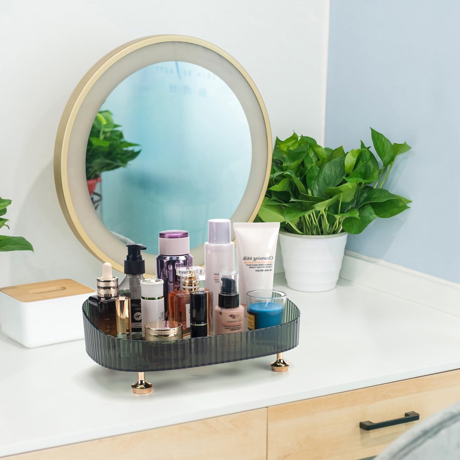 Makeup Perfume Organizer, Bathroom Vanity Tray, Decorative Dresser Tray, Countertop Organizer Tray for Cosmetics, Dark Green