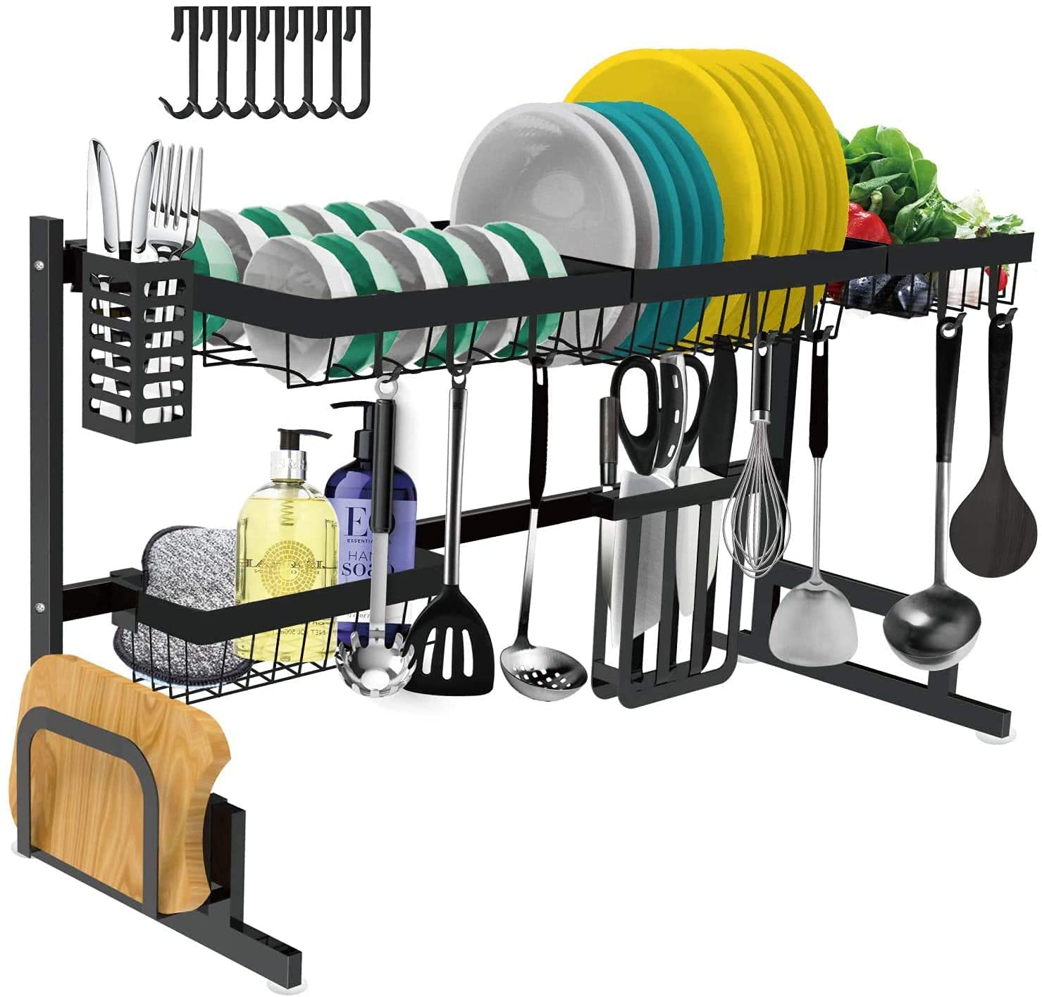 Dish Drying Rack Over The Sink, Adjustable(33.5-40.5in) Large Dish Rack Drainer for Kitchen Organization Storage Space Saver Shelf Holder with 7 Utility Hooks Dish Rack Over Sink【Fit Sink 32"- 39" L】