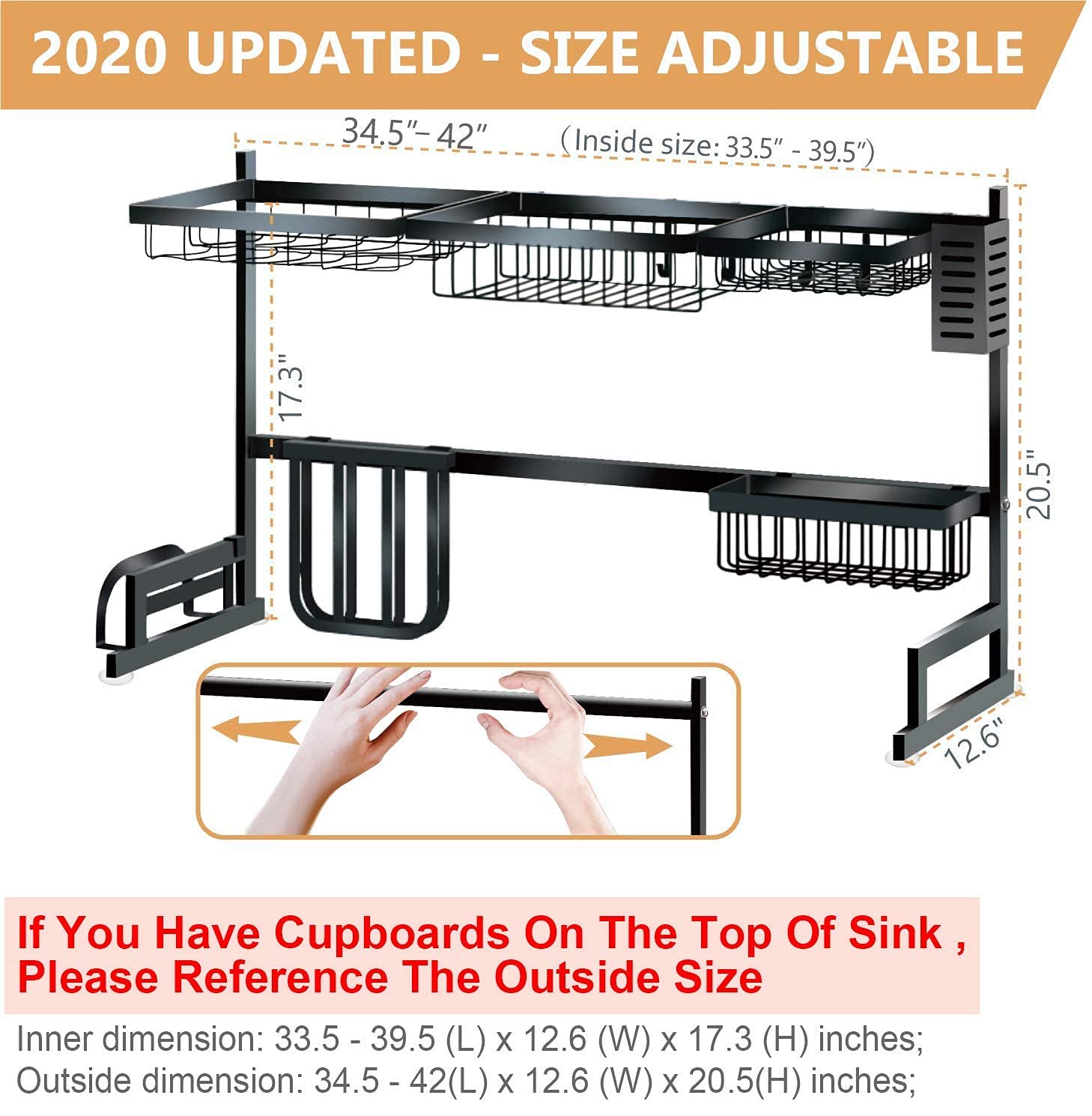 Dish Drying Rack Over The Sink, Adjustable（33.5-40.5in） Large Dish Rack Drainer for Kitchen Organization Storage Space Saver Shelf Holder with 7 Utility Hooks Dish Rack Over Sink【Fit Sink 32"- 39" L】
