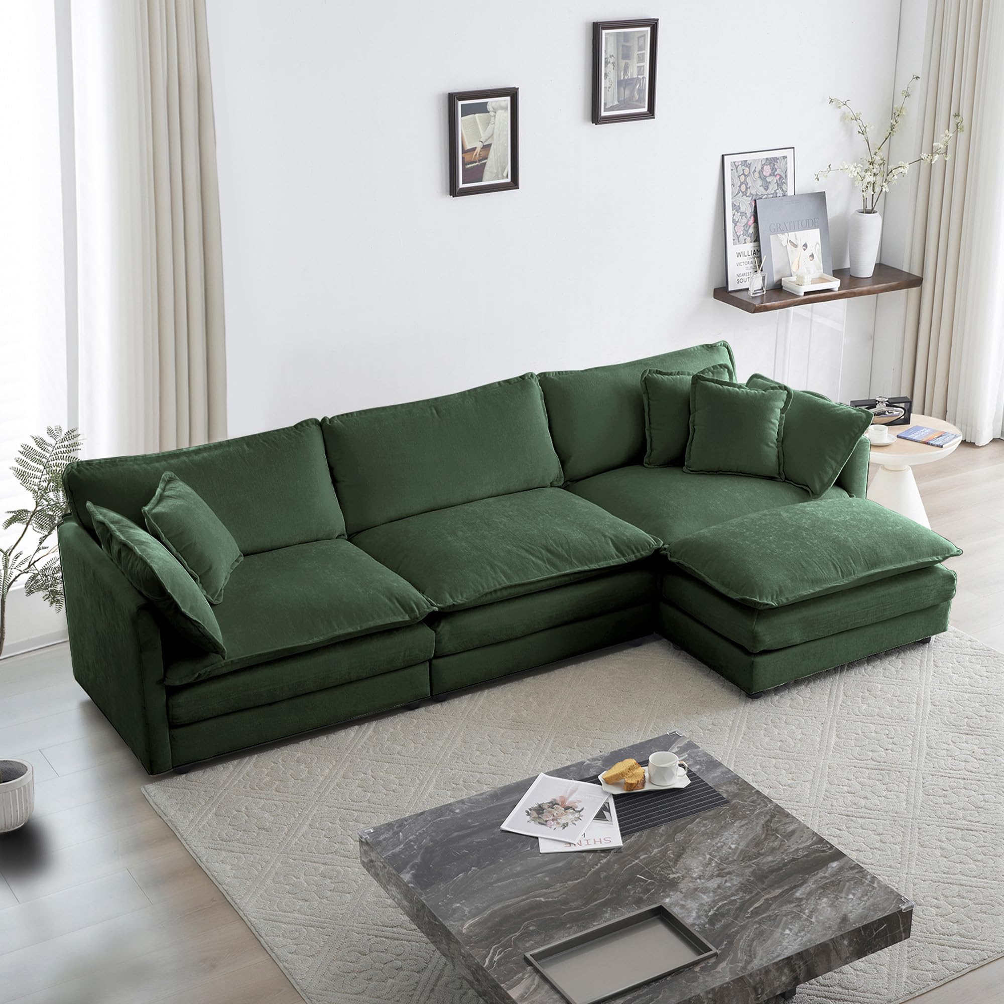Tmsan 111.42" Modular Sectional Sofa, Green Convertible Modern L Shaped Sofa Chenille Cloud Couches Set with Ottoman for Living Room Bedroom Apartment Office, 3 Seater