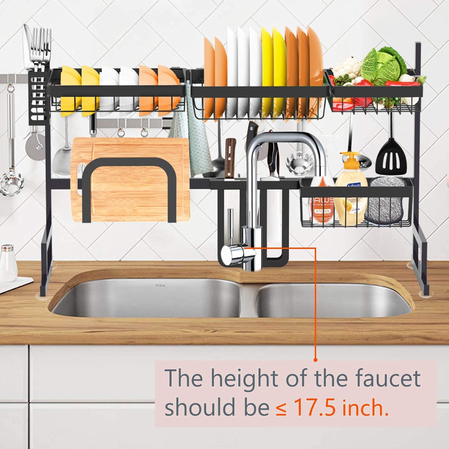 Dish Drying Rack Over The Sink, Adjustable（33.5-40.5in） Large Dish Rack Drainer for Kitchen Organization Storage Space Saver Shelf Holder with 7 Utility Hooks Dish Rack Over Sink【Fit Sink 32"- 39" L】