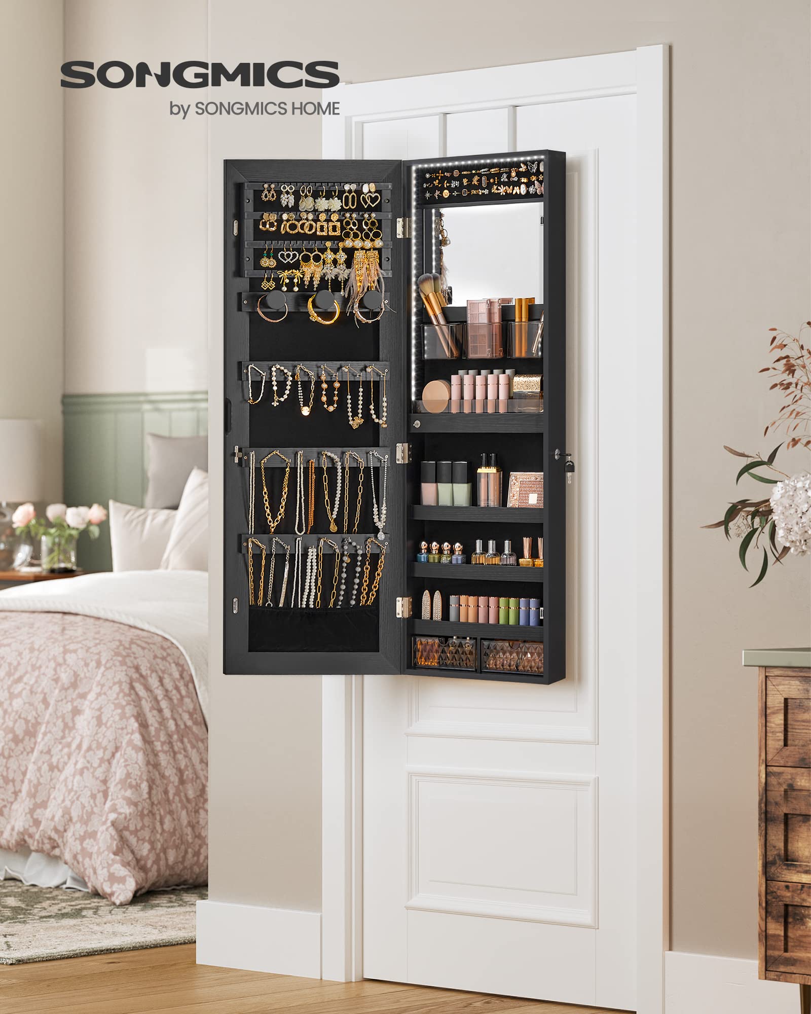 SONGMICS Jewelry Cabinet Armoire Organizer with LED Lights, Wall-Mounted Storage Cabinet with Full-Length Frameless Mirror, Built-in Makeup Mirror, 2 Drawers, Lockable, Black UJJC013B01