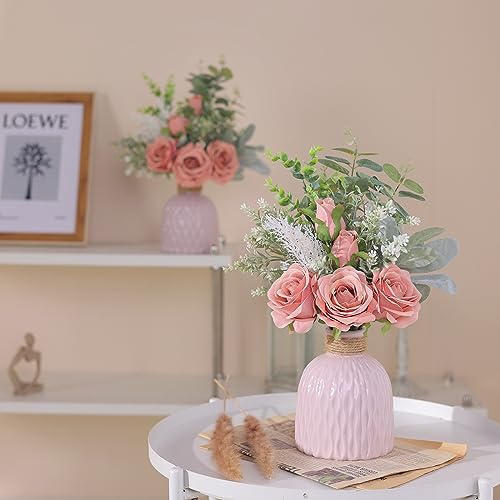Artificial Flowers with Ceramic Vase,Faux Silk Roses and Fake Plant Eucalyptus in Vase for centerpiece table decorations, living room,dining table,fireplace,office,farmhouse,home decor(Dusty Pink)