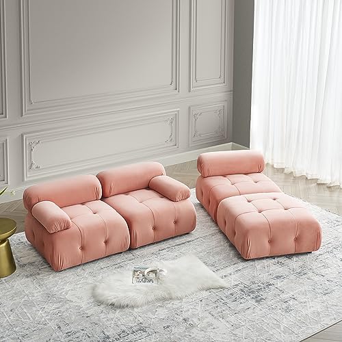 Eafurn Free Combination Modular Sectional Sofa, L Shaped Cloud Couch with Reversible Ottoman,4 Seater Button Tufted Corner Sofa&Couches for Comfy Upholstery Living Room Furniture Sets, Pink Velvet