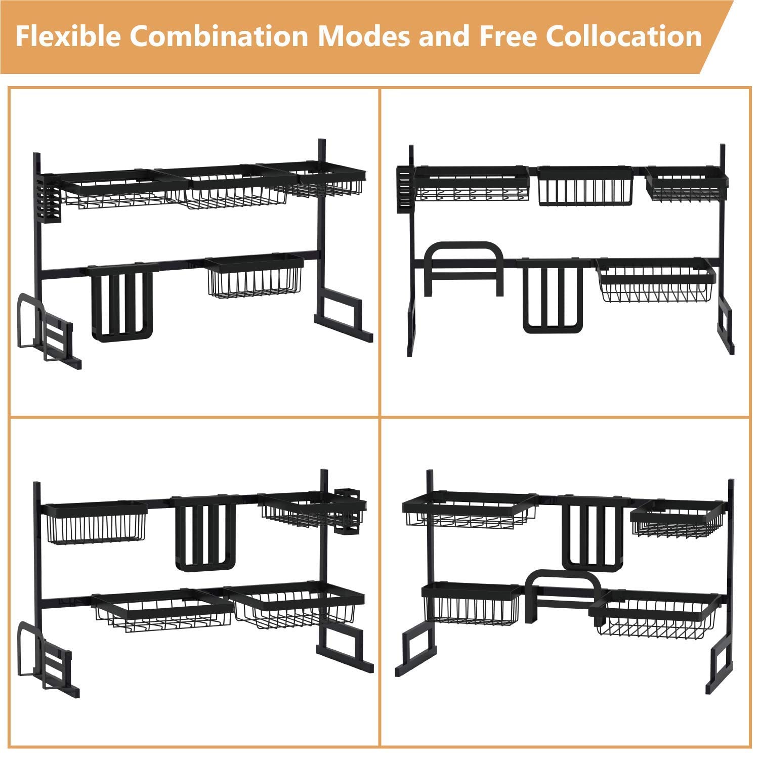 Dish Drying Rack Over The Sink, Adjustable（33.5-40.5in） Large Dish Rack Drainer for Kitchen Organization Storage Space Saver Shelf Holder with 7 Utility Hooks Dish Rack Over Sink【Fit Sink 32"- 39" L】