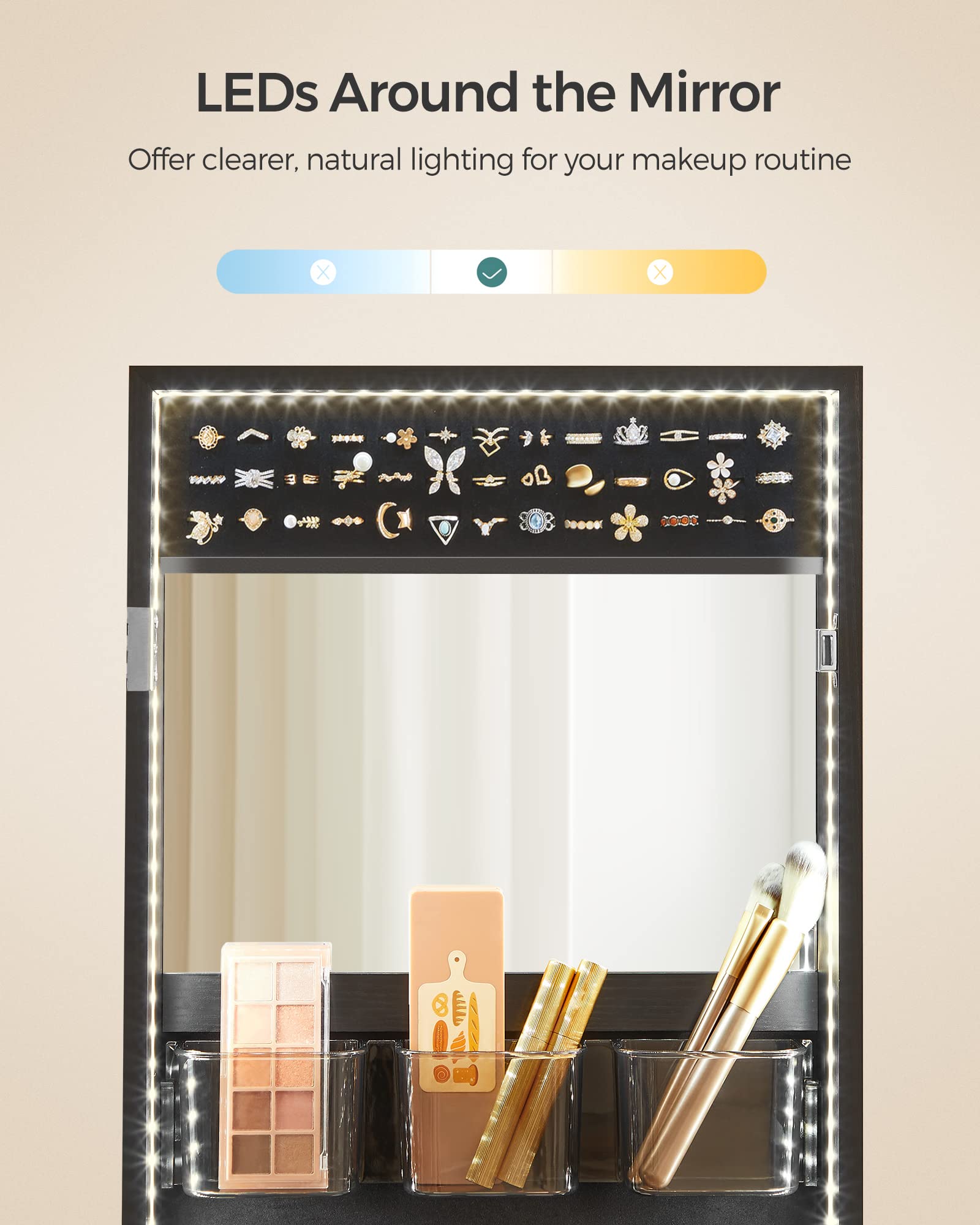 SONGMICS Jewelry Cabinet Armoire Organizer with LED Lights, Wall-Mounted Storage Cabinet with Full-Length Frameless Mirror, Built-in Makeup Mirror, 2 Drawers, Lockable, Black UJJC013B01