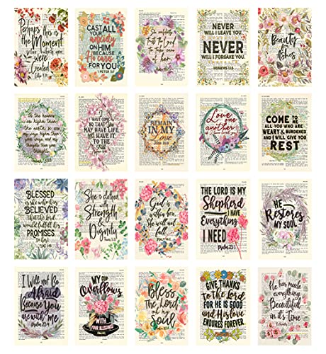 20 Piece Floral Bible Page Verse Collage Kit - Christian Gift, Teen Room Wall, Dormitory Bedroom Decorations, Vintage Aesthetic, 4x6 Professional Photos