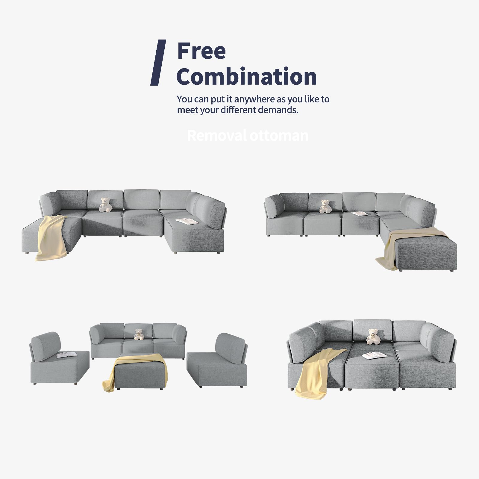 ZAFLY Modular Sectional Sofa Couch, U/L Shaped Couch with Oversized Seats, Ottoman, Convertible Modern Linen Fabric Reversible Chaise, Sofa Sleeper for Living Room, Apartment 120.4" W (Light Gray)