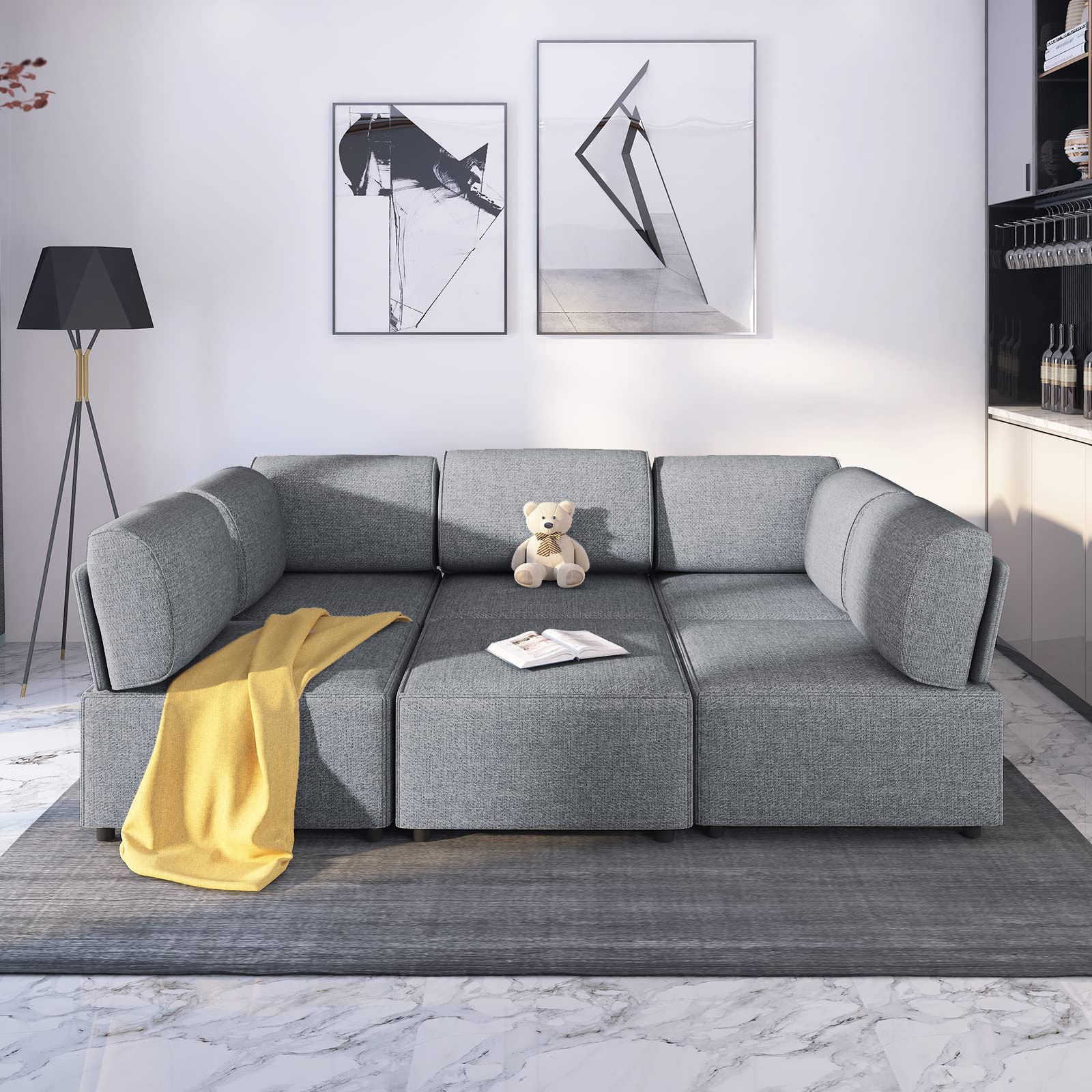 ZAFLY Modular Sectional Sofa Couch, U/L Shaped Couch with Oversized Seats, Ottoman, Convertible Modern Linen Fabric Reversible Chaise, Sofa Sleeper for Living Room, Apartment 120.4" W (Light Gray)