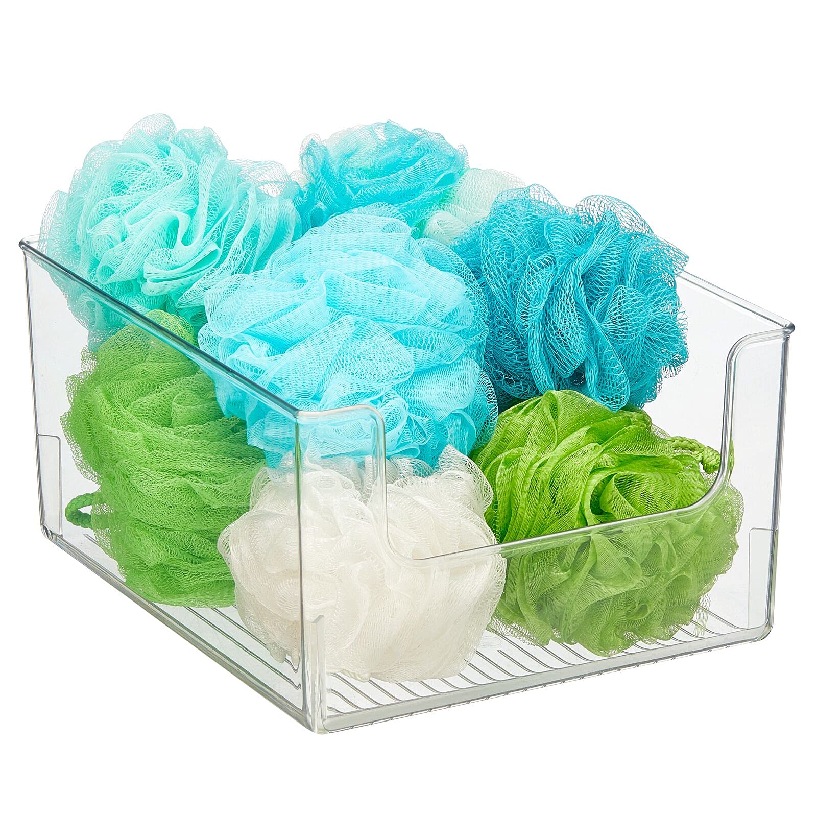 mDesign Modern Plastic Open Front Dip Storage Organizer Bin Basket for Bathroom Organization - Vanity Shelf, Cubby, Cabinet, and Closet Organizing Decor - Ligne Collection - 4 Pack - Clear