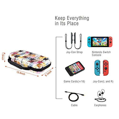 Lokigo Carrying Case for Nintendo Switch/Switch OLED Model (2021), Portable Travel Girls Carry Case Protective Hard Shell with 16 Games Card Cartridges for Switch Console & Accessories, Cute Cats