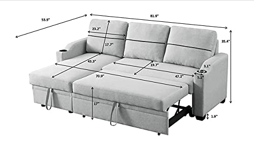 Melpomene Convertible Sectional Sofa Couch Pull Out Bed Sleeper Sofa with Storage 3 Seater L Shaped Couch Linen Upholstered Fabric Corner Sofa with 2 Cupholders for Living Room (Grey)