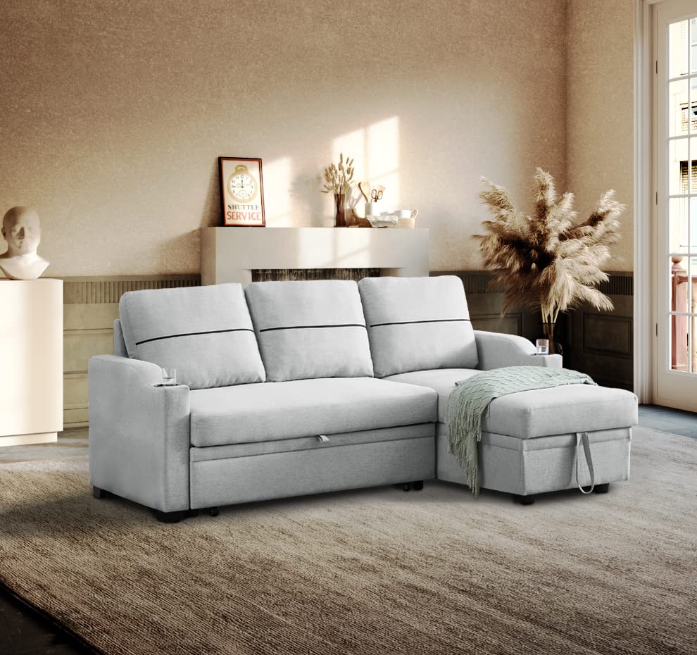 Melpomene Convertible Sectional Sofa Couch Pull Out Bed Sleeper Sofa with Storage 3 Seater L Shaped Couch Linen Upholstered Fabric Corner Sofa with 2 Cupholders for Living Room (Grey)