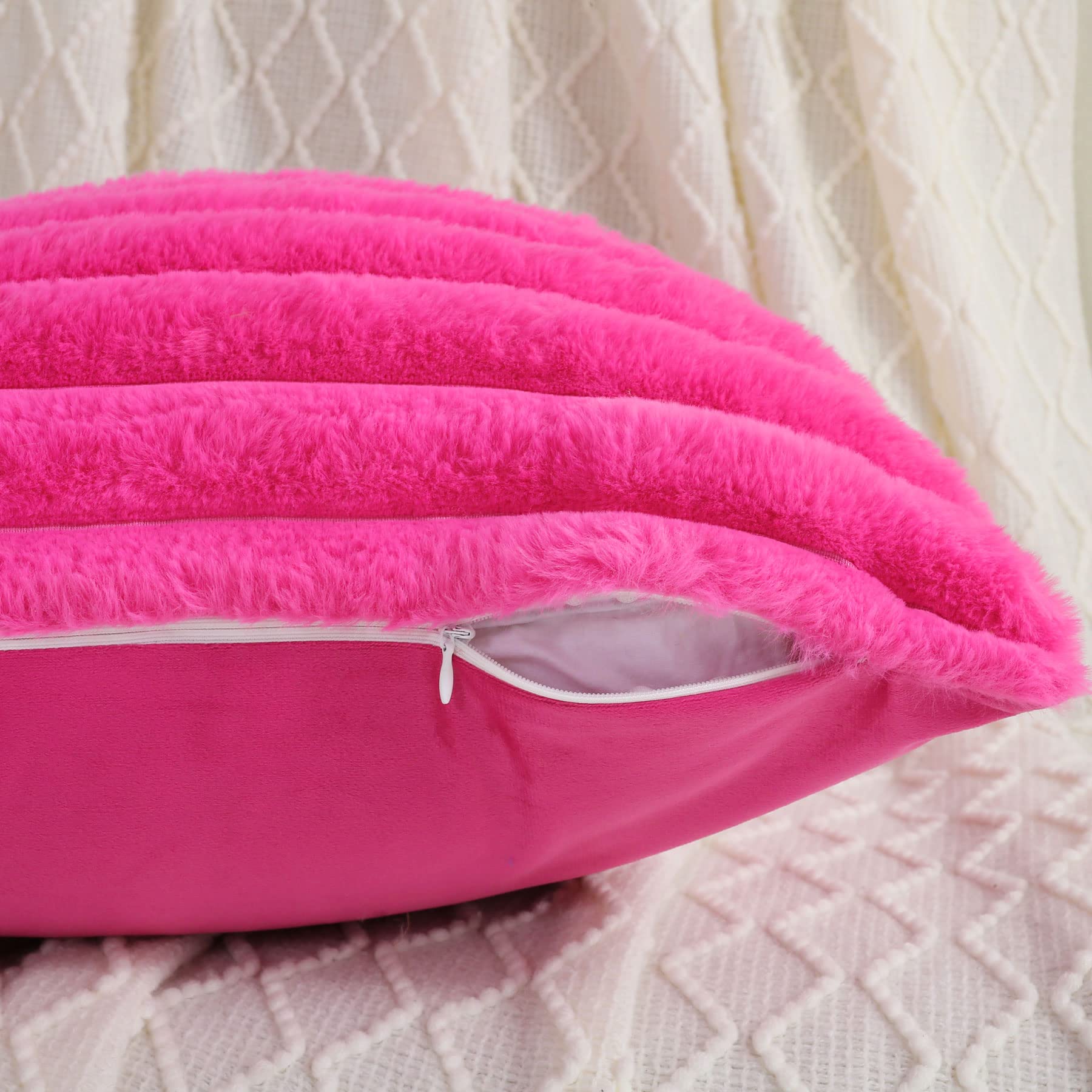 FUTEI Hot Pink Striped Decorative Throw Pillow Covers 18x18 Inch Set of 2,Square Spring Decorations Couch Pillow Case,Soft Cozy Faux Rabbit Fur & Velvet Back,Modern Home Decor for Bed