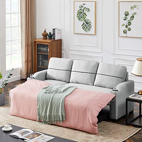 Melpomene Convertible Sectional Sofa Couch Pull Out Bed Sleeper Sofa with Storage 3 Seater L Shaped Couch Linen Upholstered Fabric Corner Sofa with 2 Cupholders for Living Room (Grey)