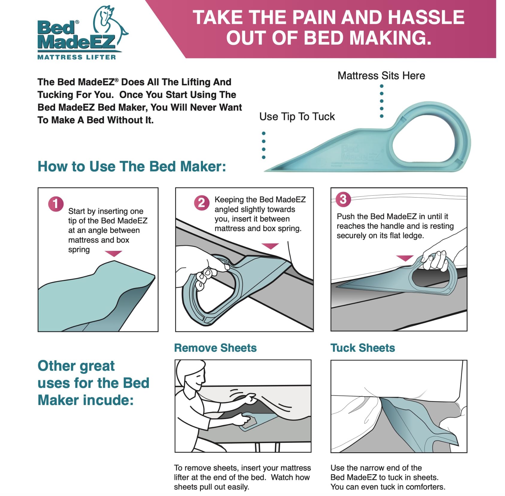 The Original Made in USA| Bed MadeEZ Bed Maker and Mattress Lifter Tool Helps Lift and Hold The Mattress- Can Tuck Sheets or Bed Skirts Alleviating Excess Strain