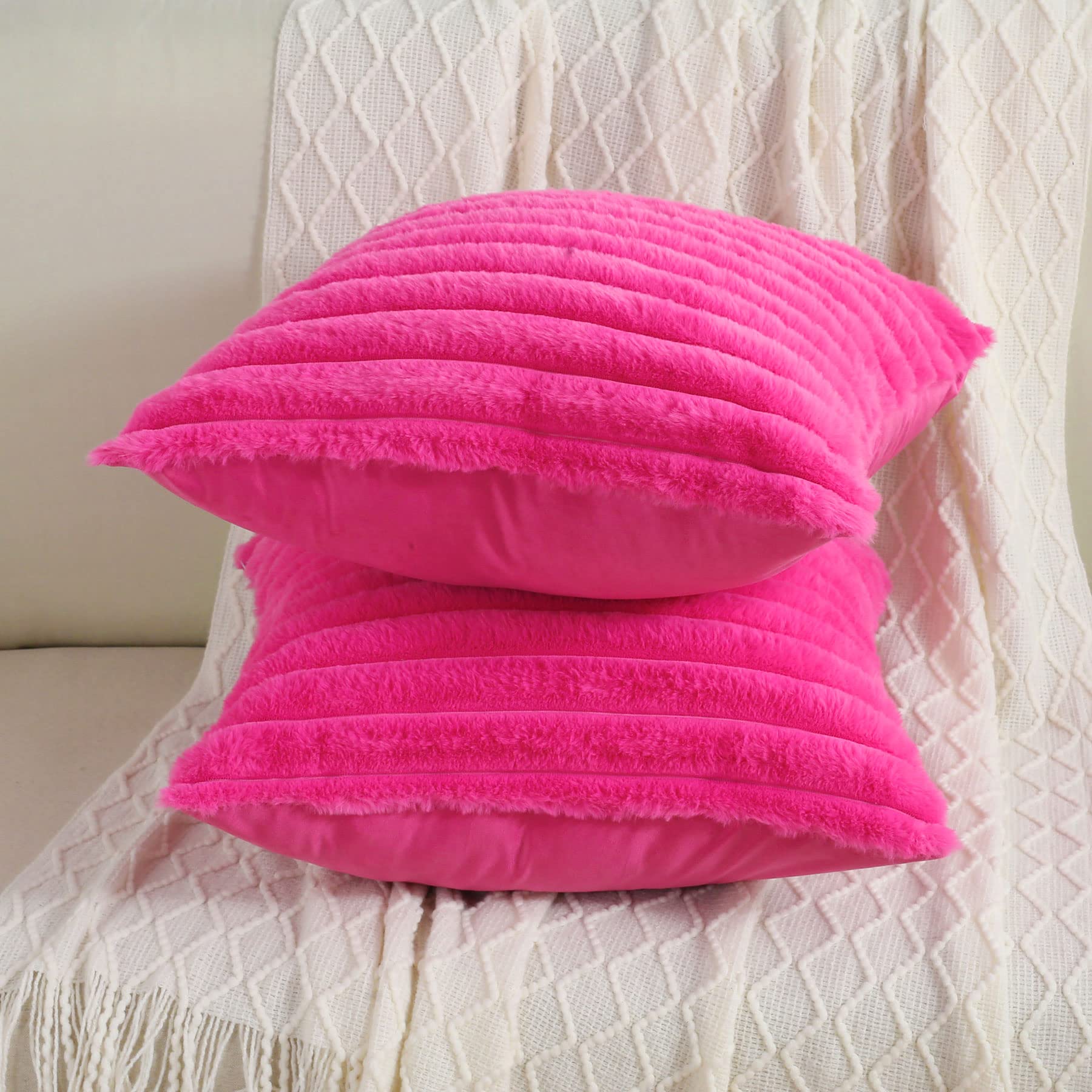 FUTEI Hot Pink Striped Decorative Throw Pillow Covers 18x18 Inch Set of 2,Square Spring Decorations Couch Pillow Case,Soft Cozy Faux Rabbit Fur & Velvet Back,Modern Home Decor for Bed