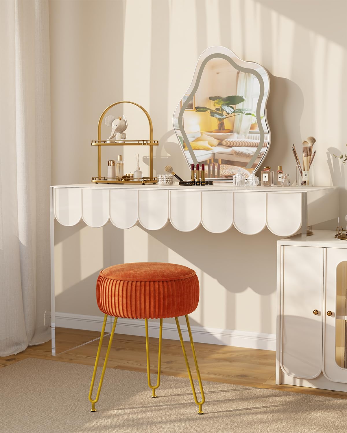 IBUYKE Velvet Round Footrest Stool Ottoman, Makeup Vanity Stool Side Table, Velvet Dressing Table Seat, Pouf Couch Stool, Golden Steel Legs, Orange LG-30J