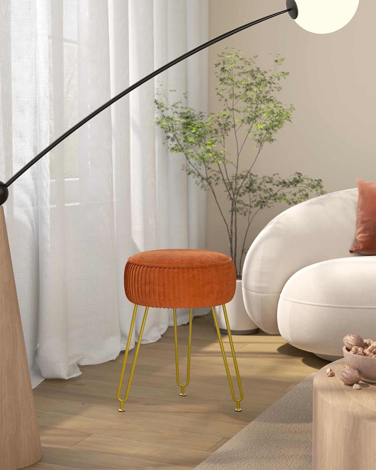 IBUYKE Velvet Round Footrest Stool Ottoman, Makeup Vanity Stool Side Table, Velvet Dressing Table Seat, Pouf Couch Stool, Golden Steel Legs, Orange LG-30J