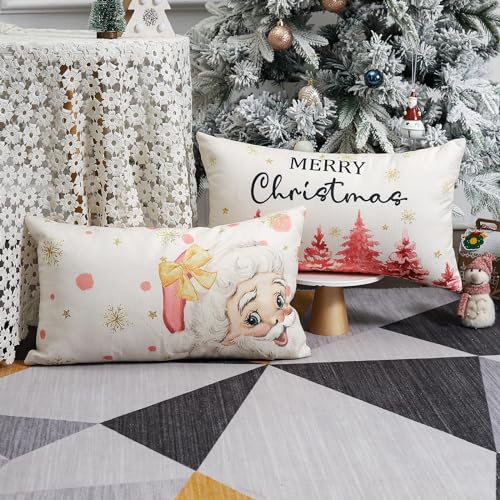 wyooxoo Christmas Pillow Covers 12x20 Inch Christmas Tree Pink Decorations Throw Pillow Covers Winter Holiday Decor Linen Pillowcase for Sofa Couch Home Decor (12" x 20", Pink)