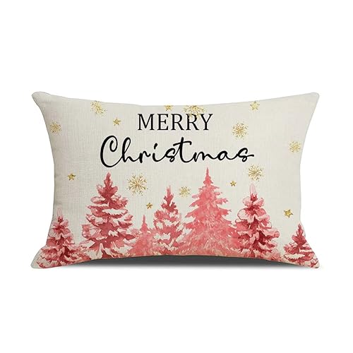 wyooxoo Christmas Pillow Covers 12x20 Inch Christmas Tree Pink Decorations Throw Pillow Covers Winter Holiday Decor Linen Pillowcase for Sofa Couch Home Decor (12" x 20", Pink)