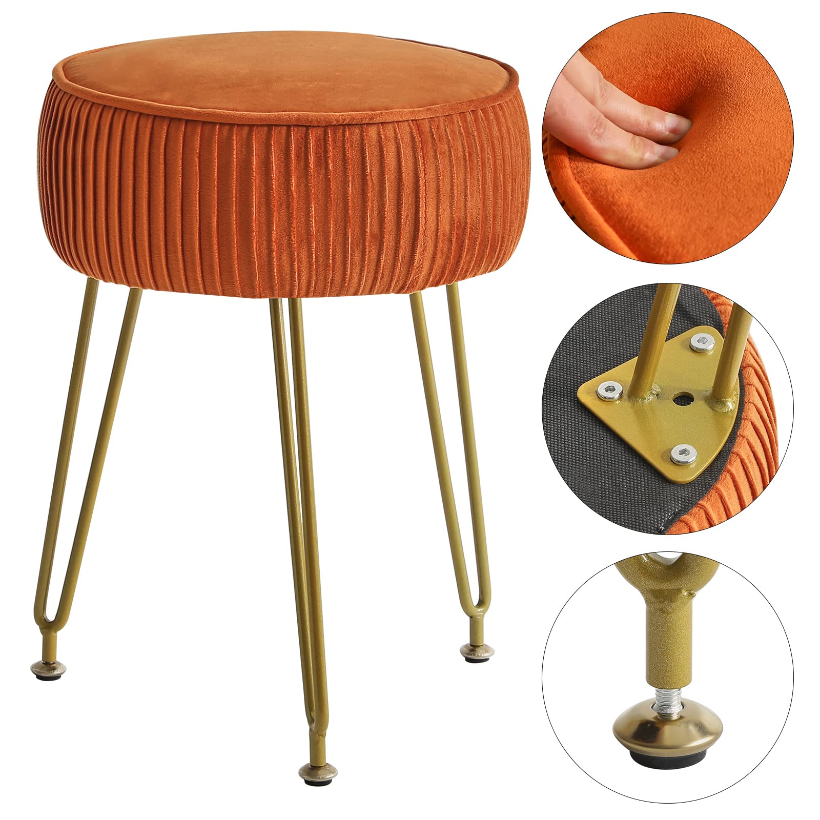 IBUYKE Velvet Round Footrest Stool Ottoman, Makeup Vanity Stool Side Table, Velvet Dressing Table Seat, Pouf Couch Stool, Golden Steel Legs, Orange LG-30J
