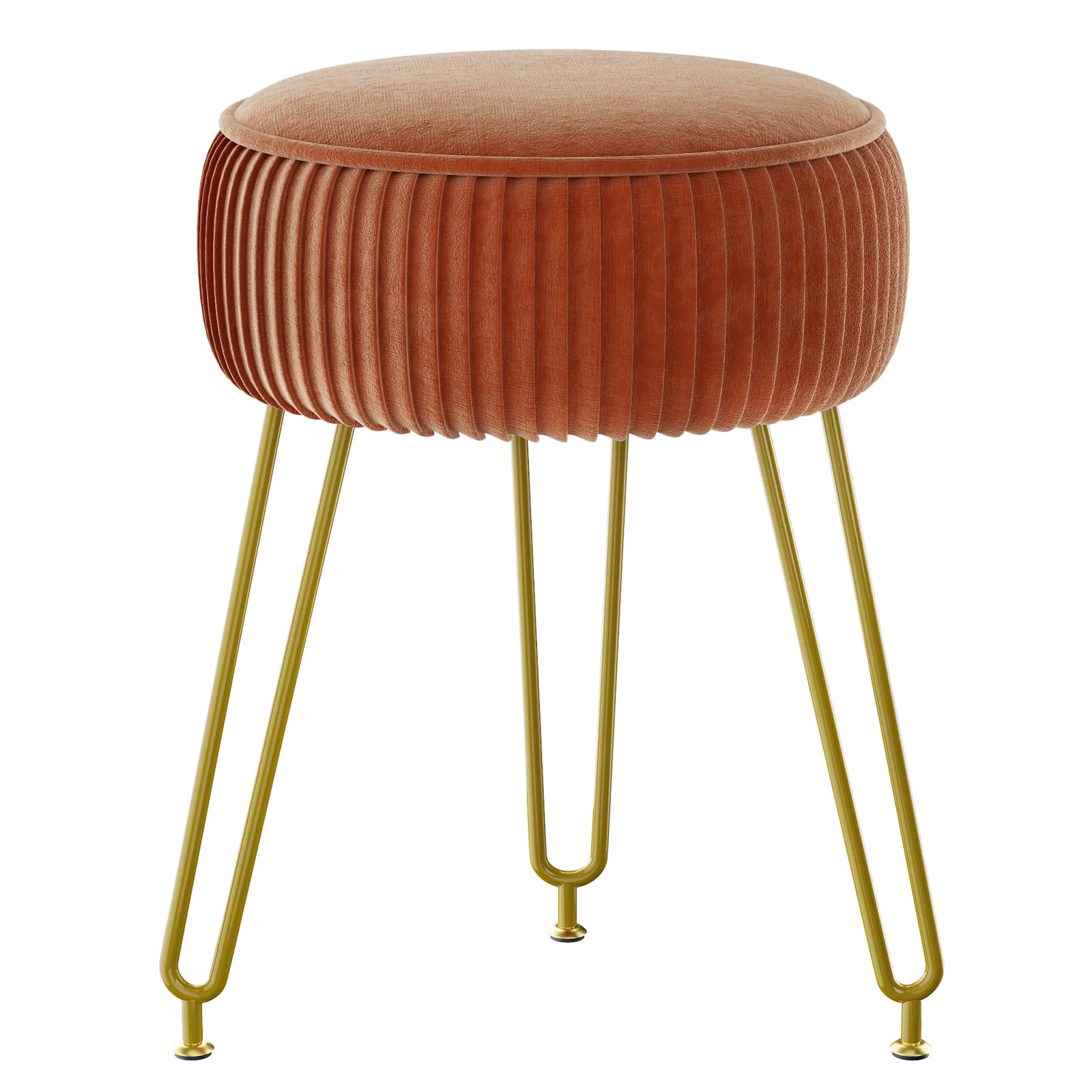 IBUYKE Velvet Round Footrest Stool Ottoman, Makeup Vanity Stool Side Table, Velvet Dressing Table Seat, Pouf Couch Stool, Golden Steel Legs, Orange LG-30J