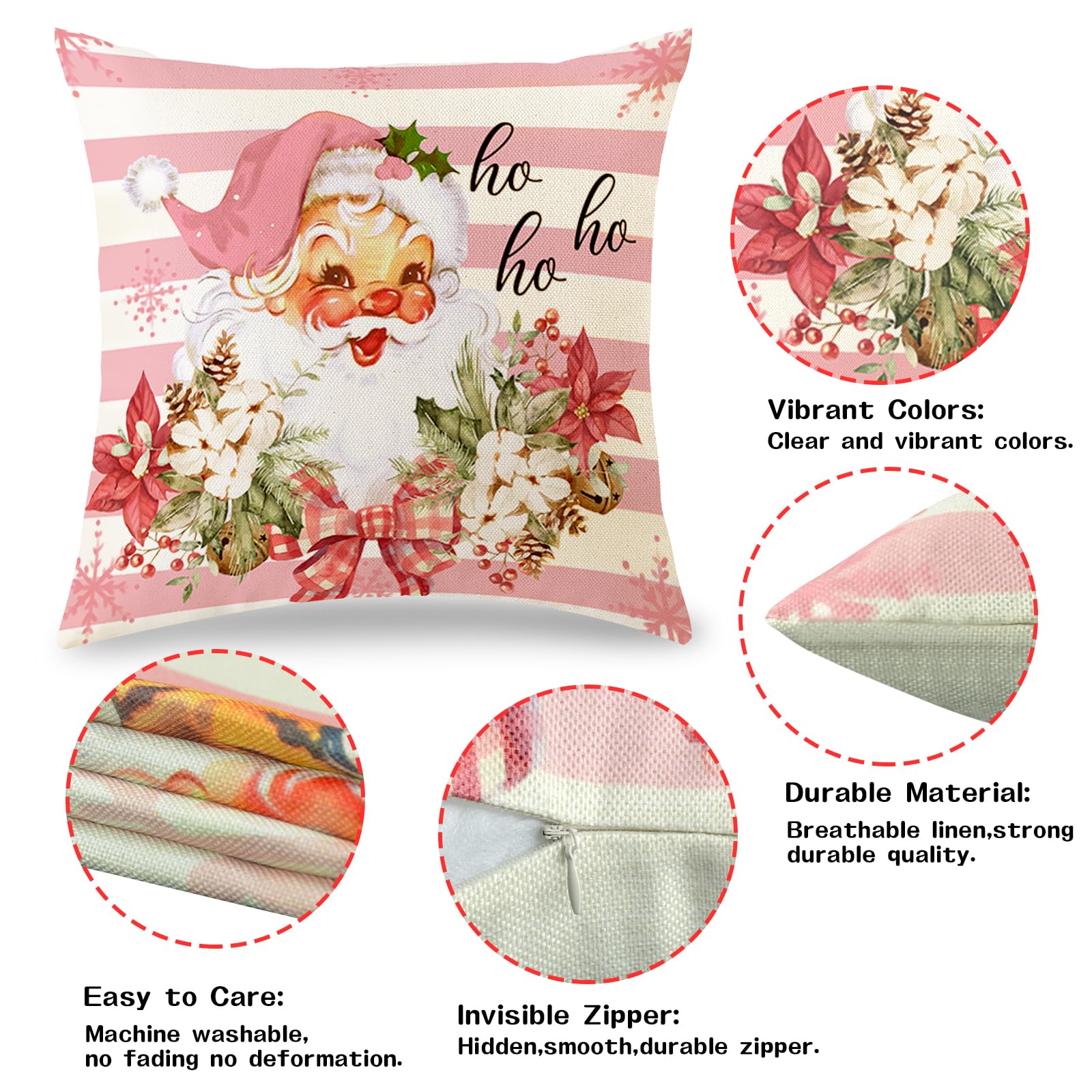 Christmas Pillow Covers 18x18 Set of 4 Pink Christmas Decorations Throw Pillow Case Stripes Santa Snowman Snowflake Winter Holiday Home Decor Cushion for Sofa Couch
