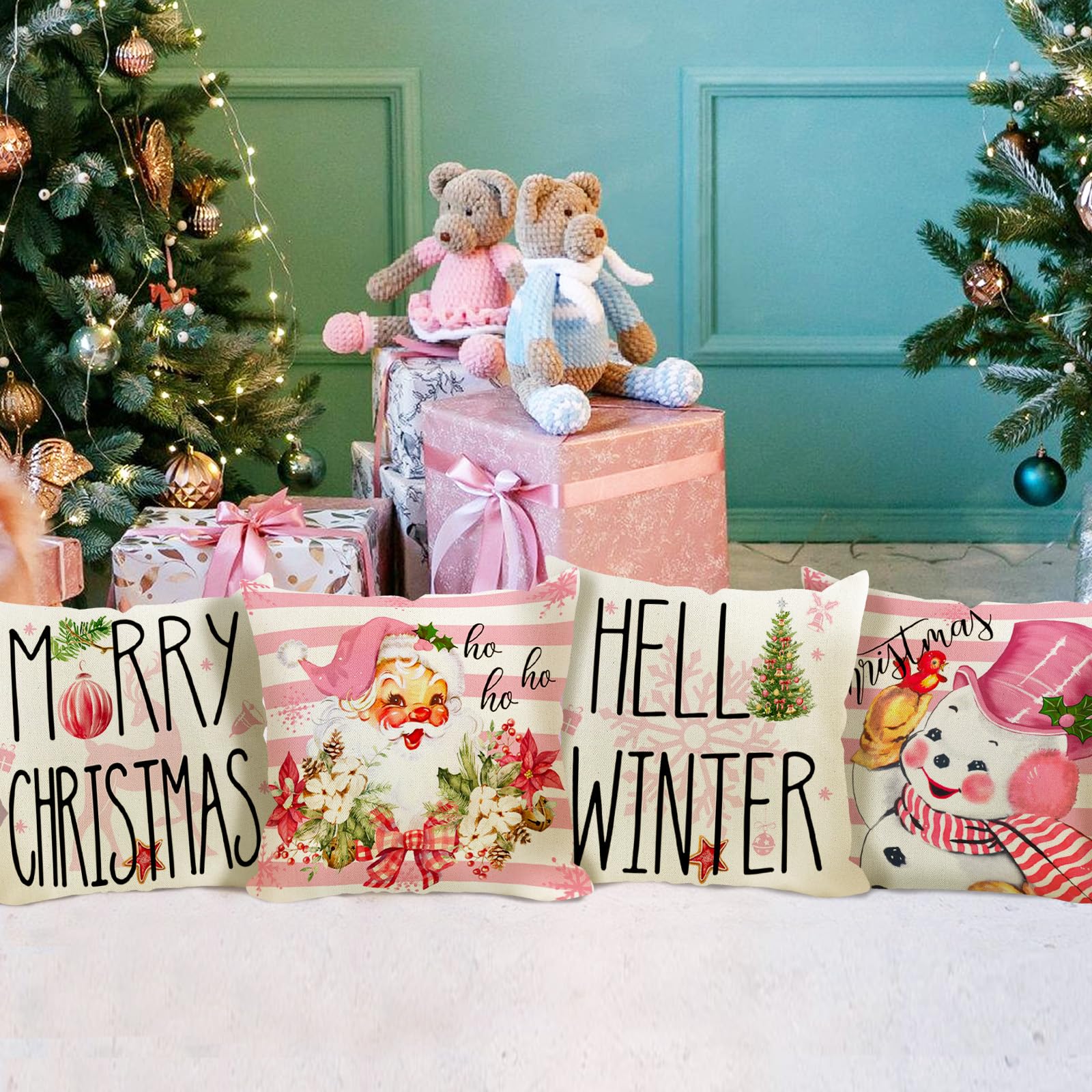 Christmas Pillow Covers 18x18 Set of 4 Pink Christmas Decorations Throw Pillow Case Stripes Santa Snowman Snowflake Winter Holiday Home Decor Cushion for Sofa Couch