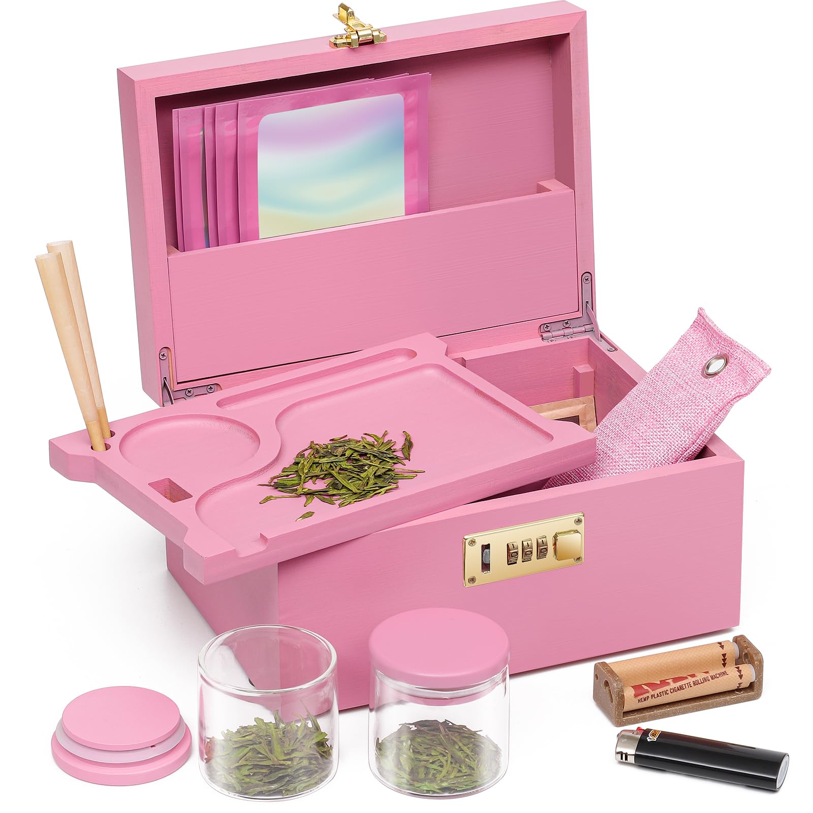 OZCHIN Large Bamboo Box with Combination Lock Decorative box for Home Great Gift Choice Storage Lockbox with Storage Jar, Tray, Resealable Bags and More